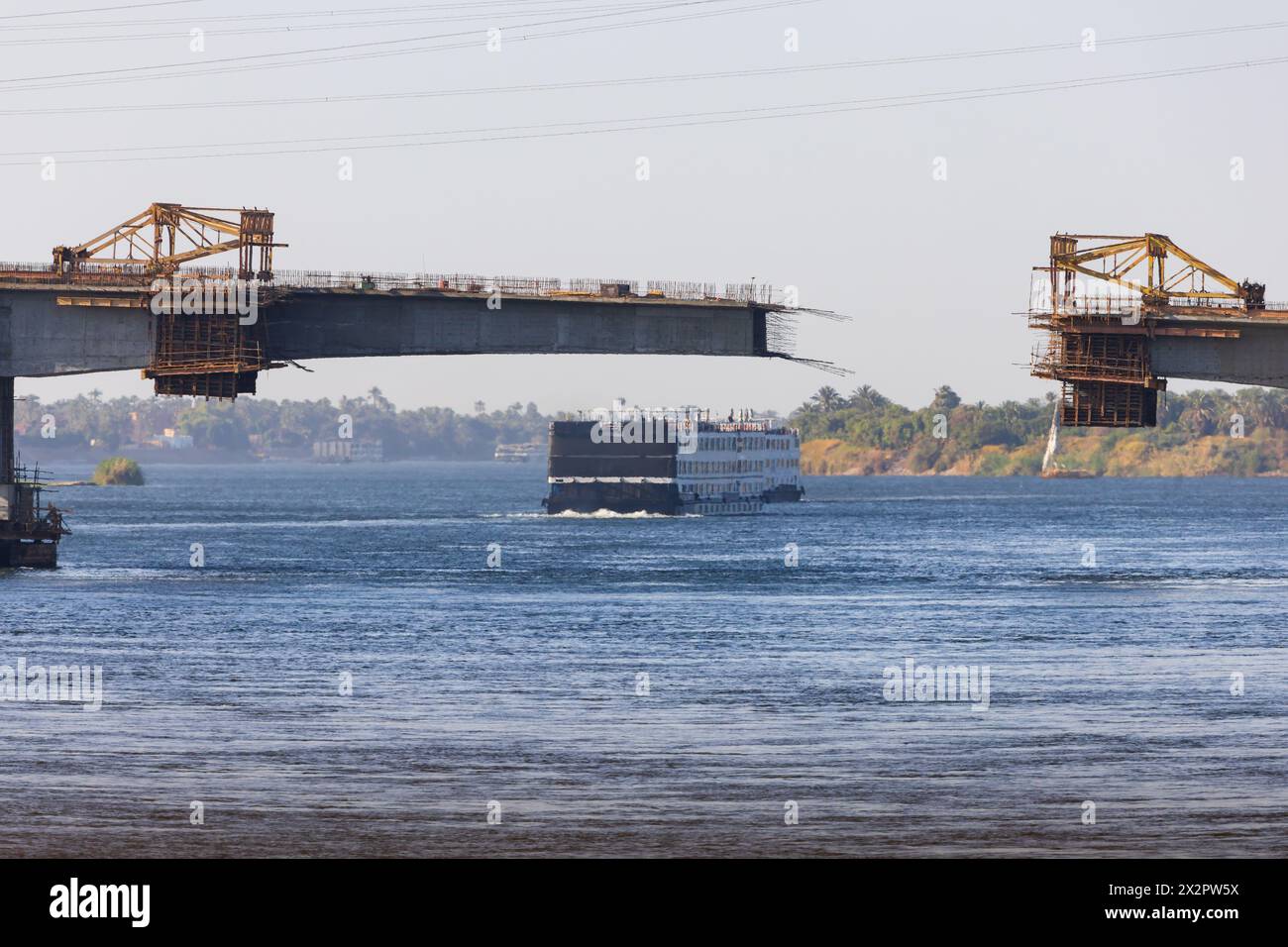 New bridge construction over the River Nile at Twaysah, Aswan, Egypt ...