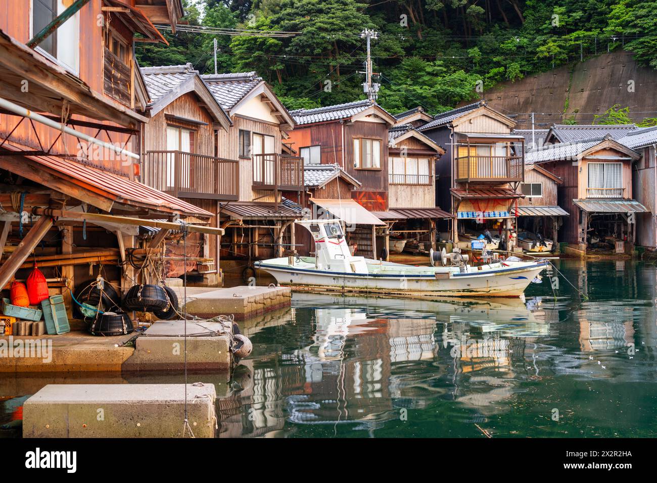Kyoto, Japan at Ine Bay historic funaya boathouses at dusk Stock Photo ...
