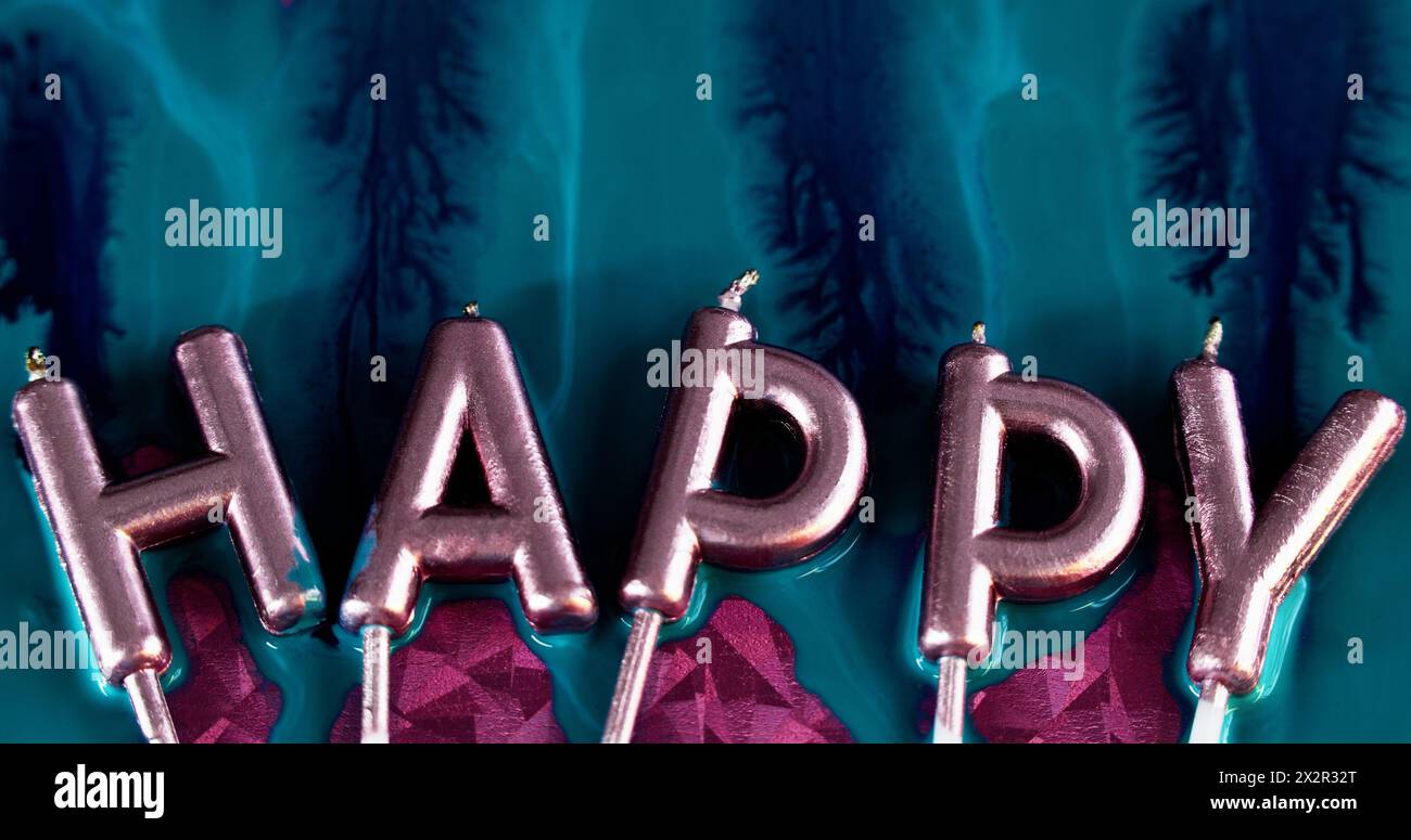 Birthday candles. Happy font. Paint drip. Metallic shiny wax letter ...