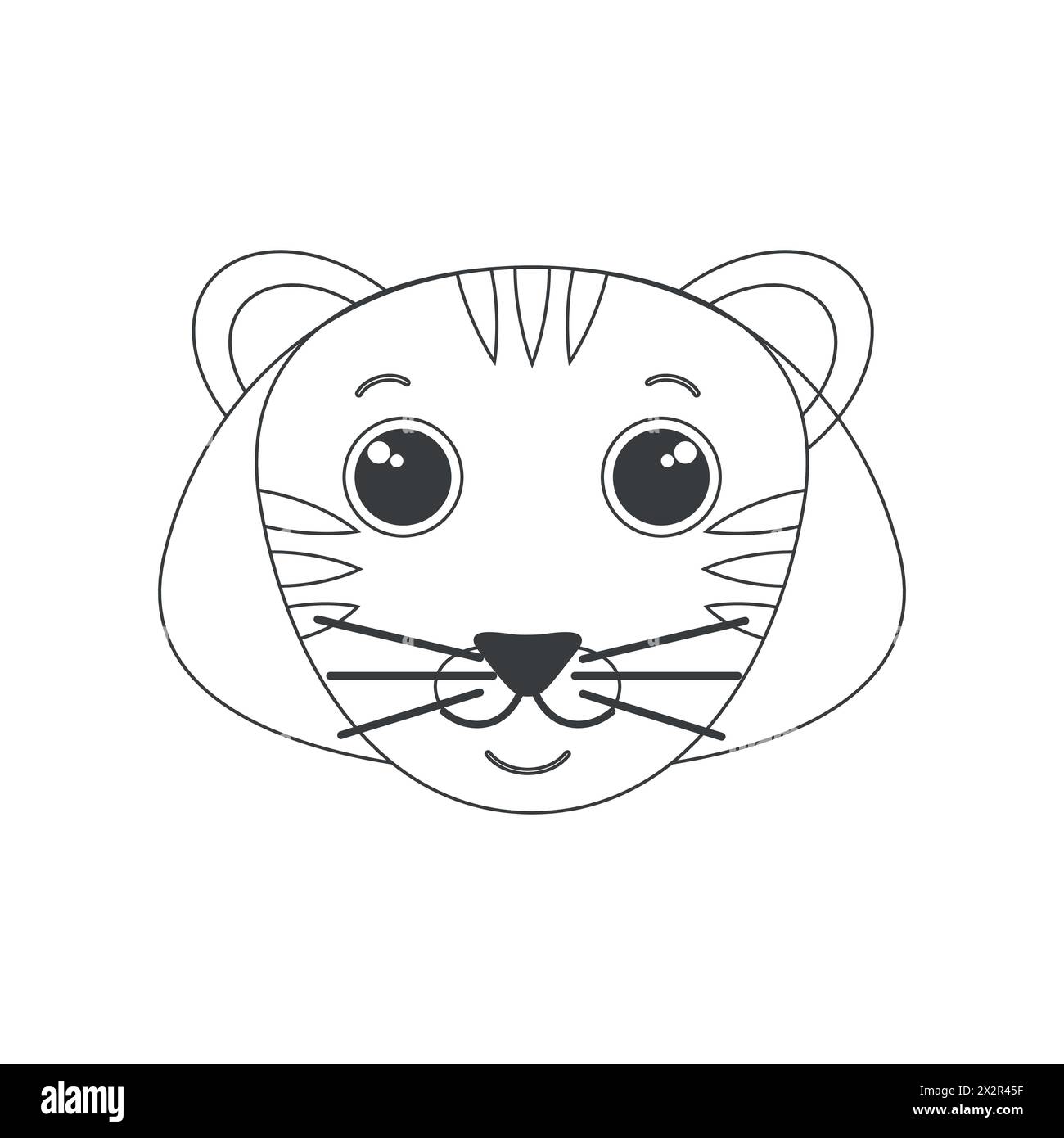 Cute tiger face, simple contour animals head, wild carnivore cat vector ...