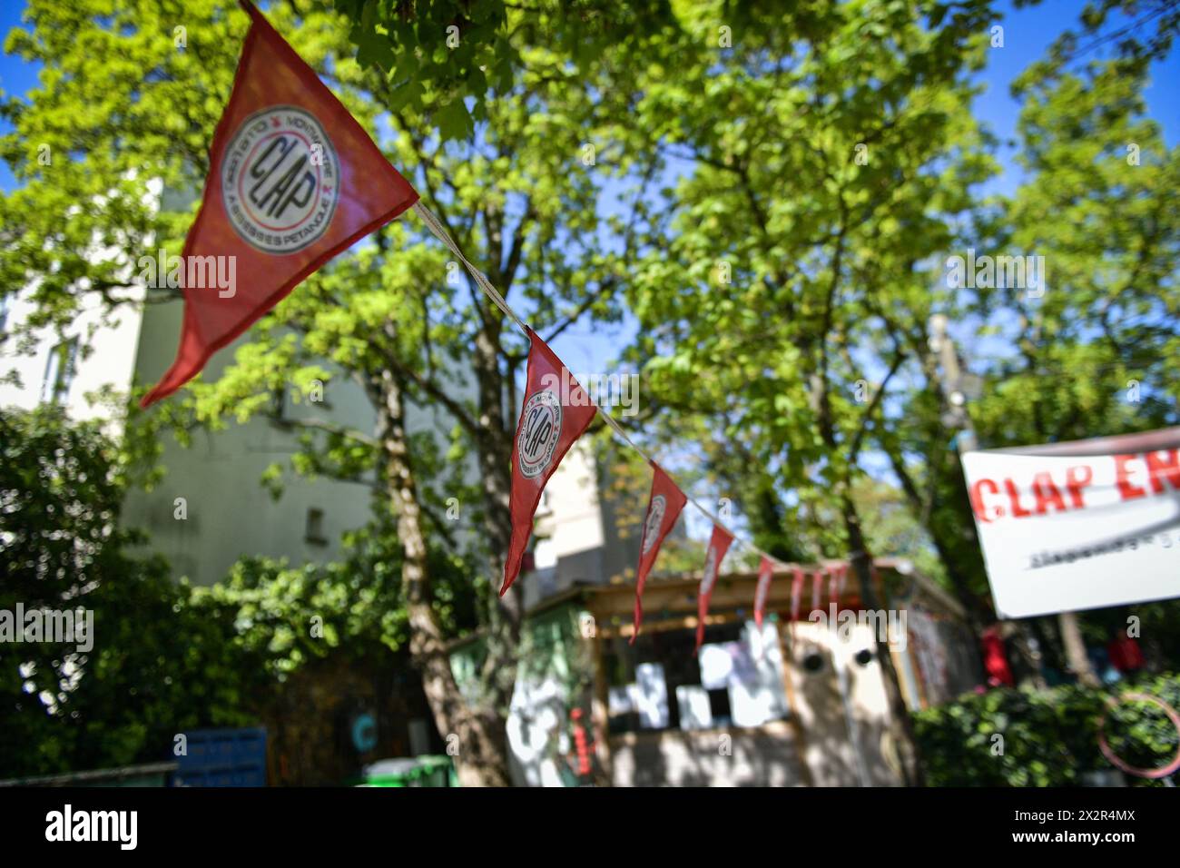 Paris on April 23, 2024.This photograph shows Clap's flags at the Lepic ...