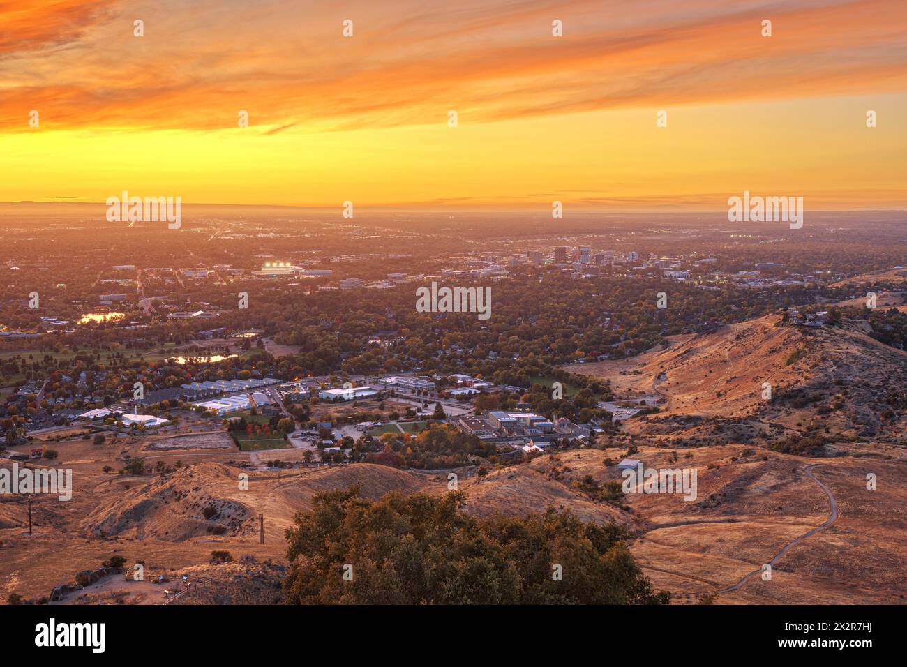 Boise, Idaho, USA view towards downtown from the mountains at dusk ...