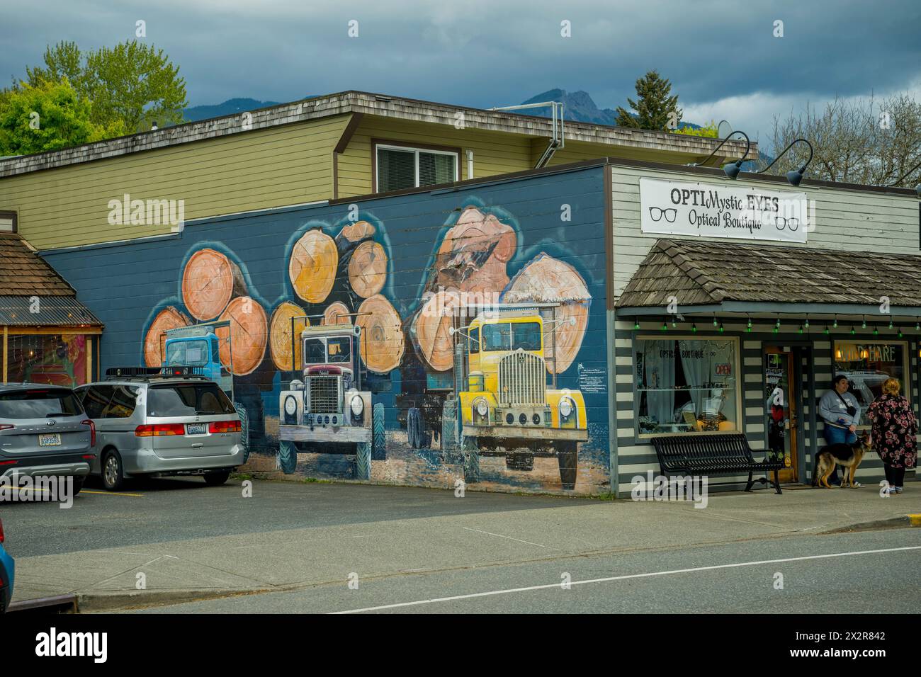 A mural with logging trucks on Railroad Avenue in the City of ...