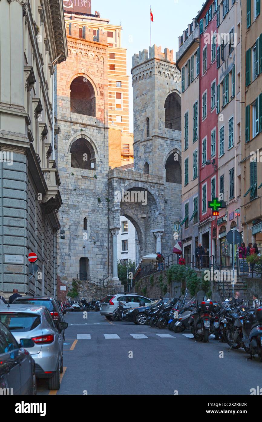 Genoa, Italy - March 29 2019: The Porta Soprana is the best-known gate ...