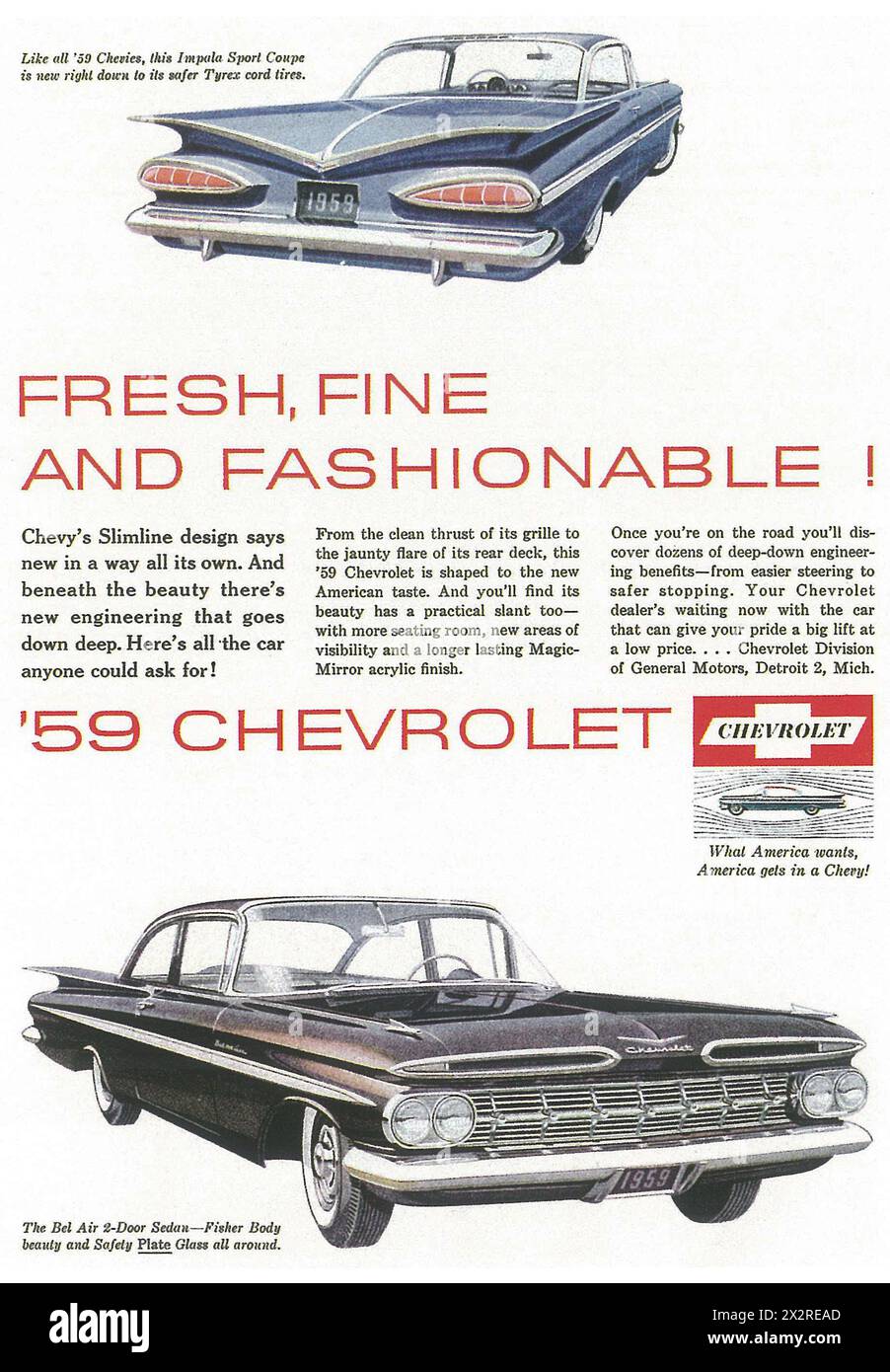1959 CHEVROLET IMPALA SPORT COUPE & BEL AIR 2-Door SEDAN AD - "Fresh ...