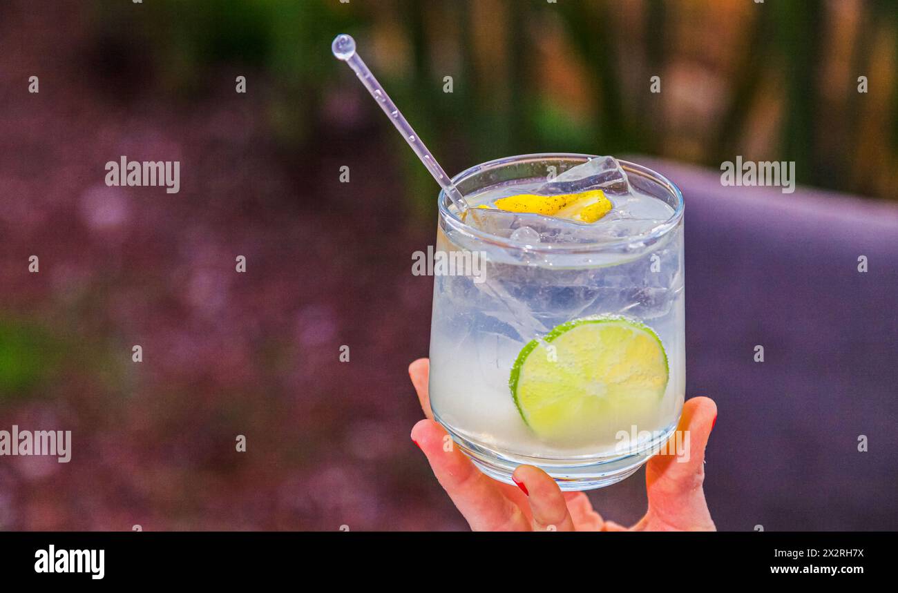 Tasting a delicious lemon water with mineral water restores body ...
