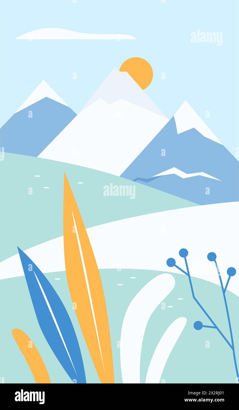 Abstract winter landscape with mountains and hills, sun in blue sky ...