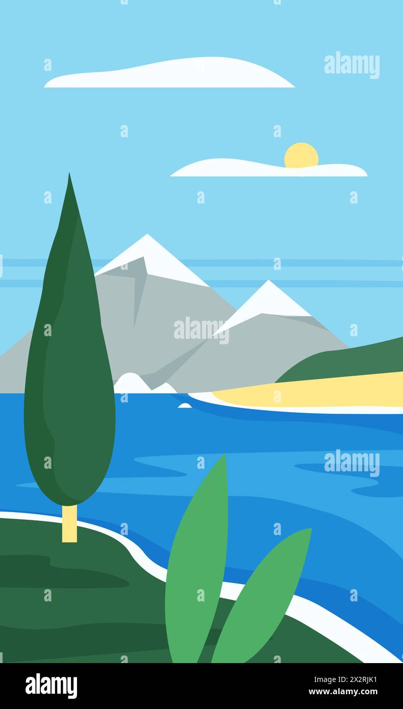 Abstract minimalist river landscape of simple geometric shapes, scenery with trees and mountains ...