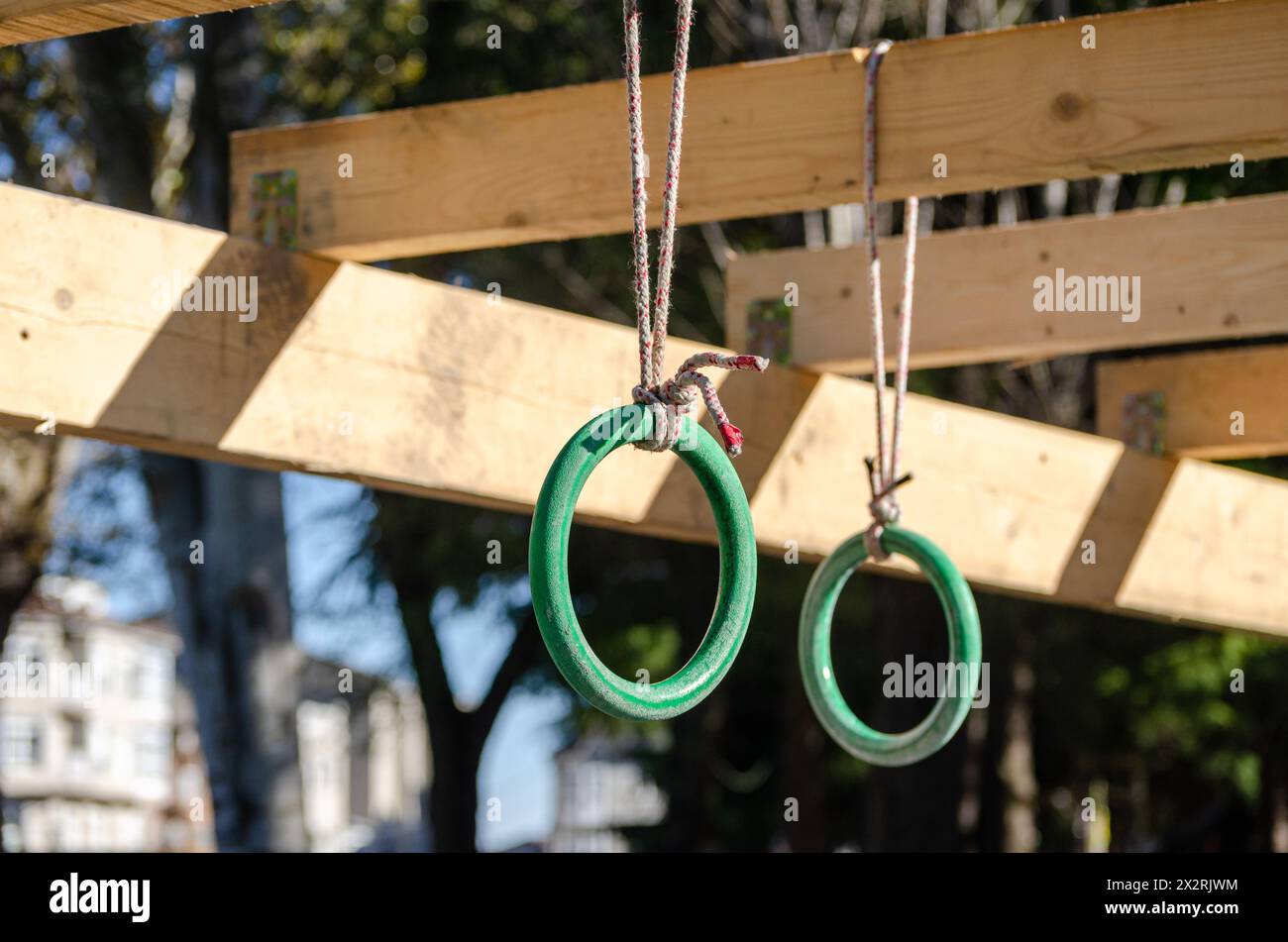 selective focus, detail of the rings of one of the obstacles of an ...