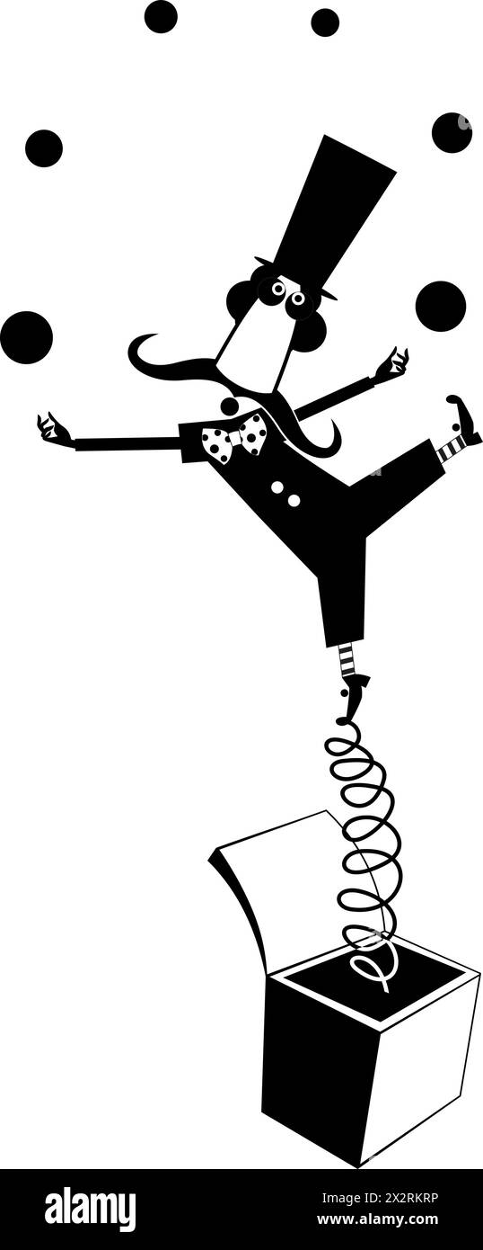 Toy circus clown on a spring pops out of the box and juggles the balls ...