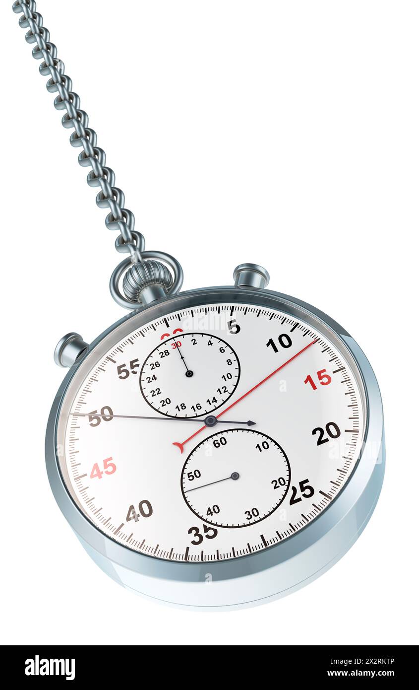 Stopwatch on the chain as pendulum, 3D rendering isolated on white ...