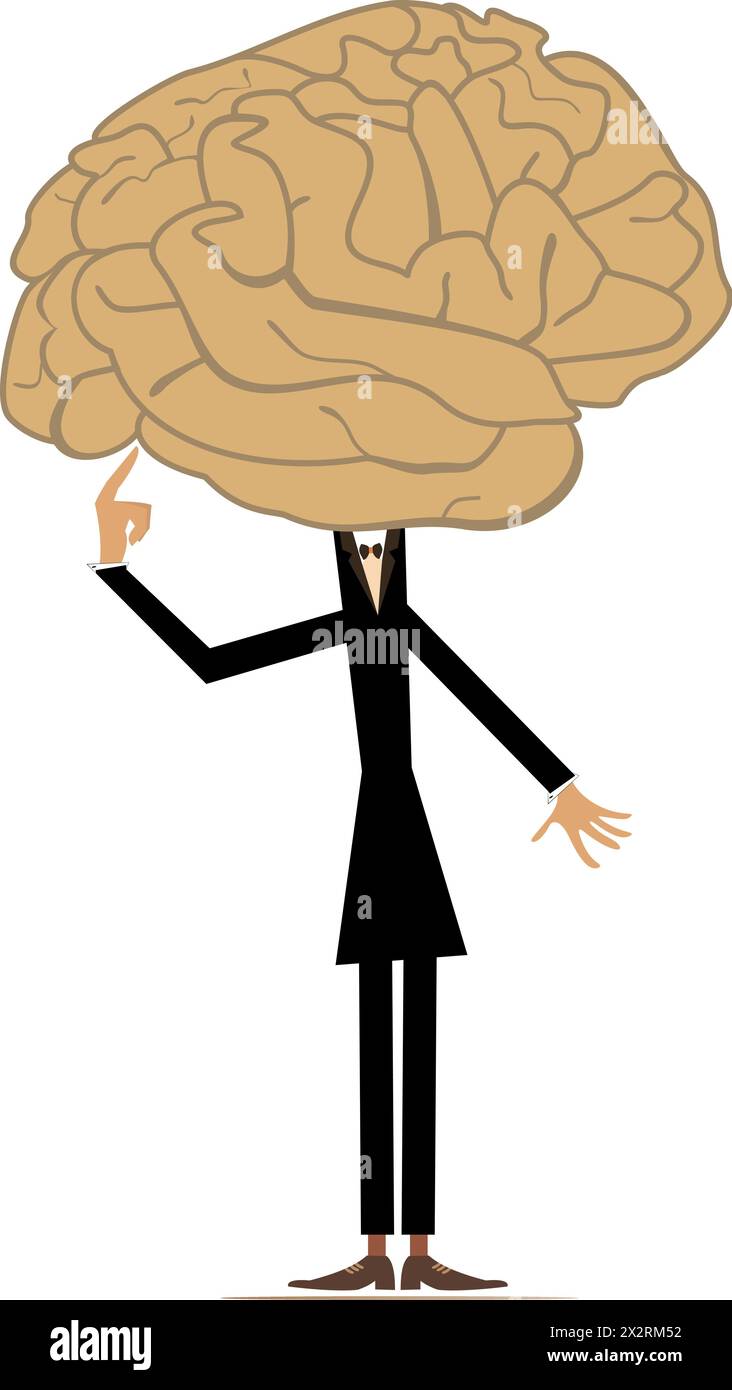 Thinking man with brain instead head. Wise person with big brain ...