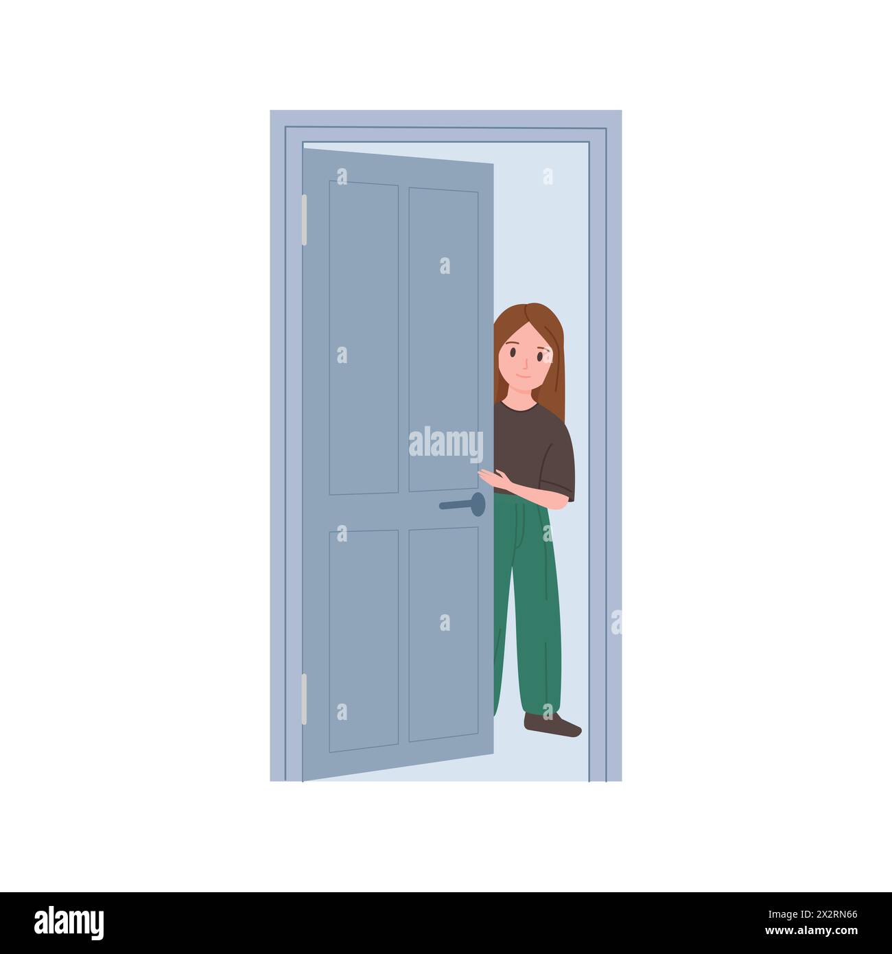 Girl peeking out from behind gray door, child standing in doorway ...