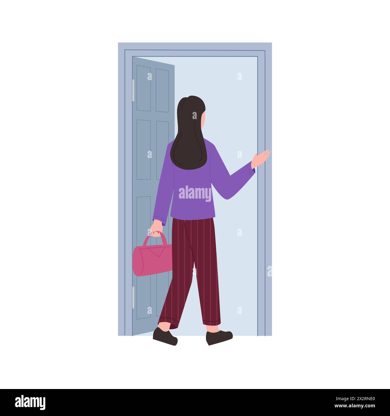 Young woman with bag walking out gray door to leave room, rear view ...