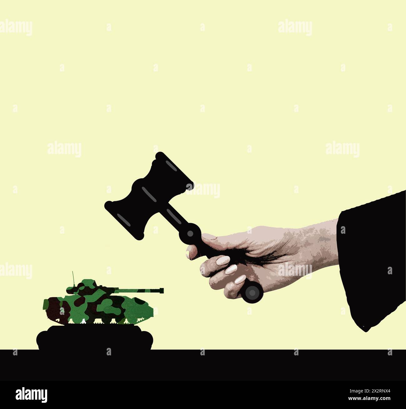 Military tank under oversized judge's gavel against yellow background ...