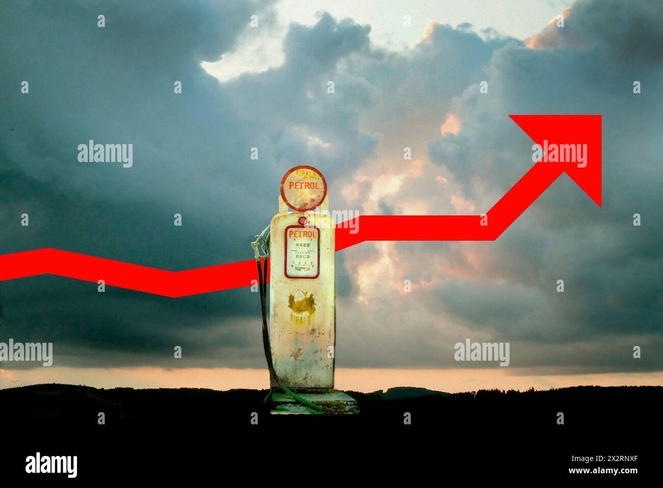 Rusty fuel pump in front of ascending red arrow under cloudy sky Stock ...