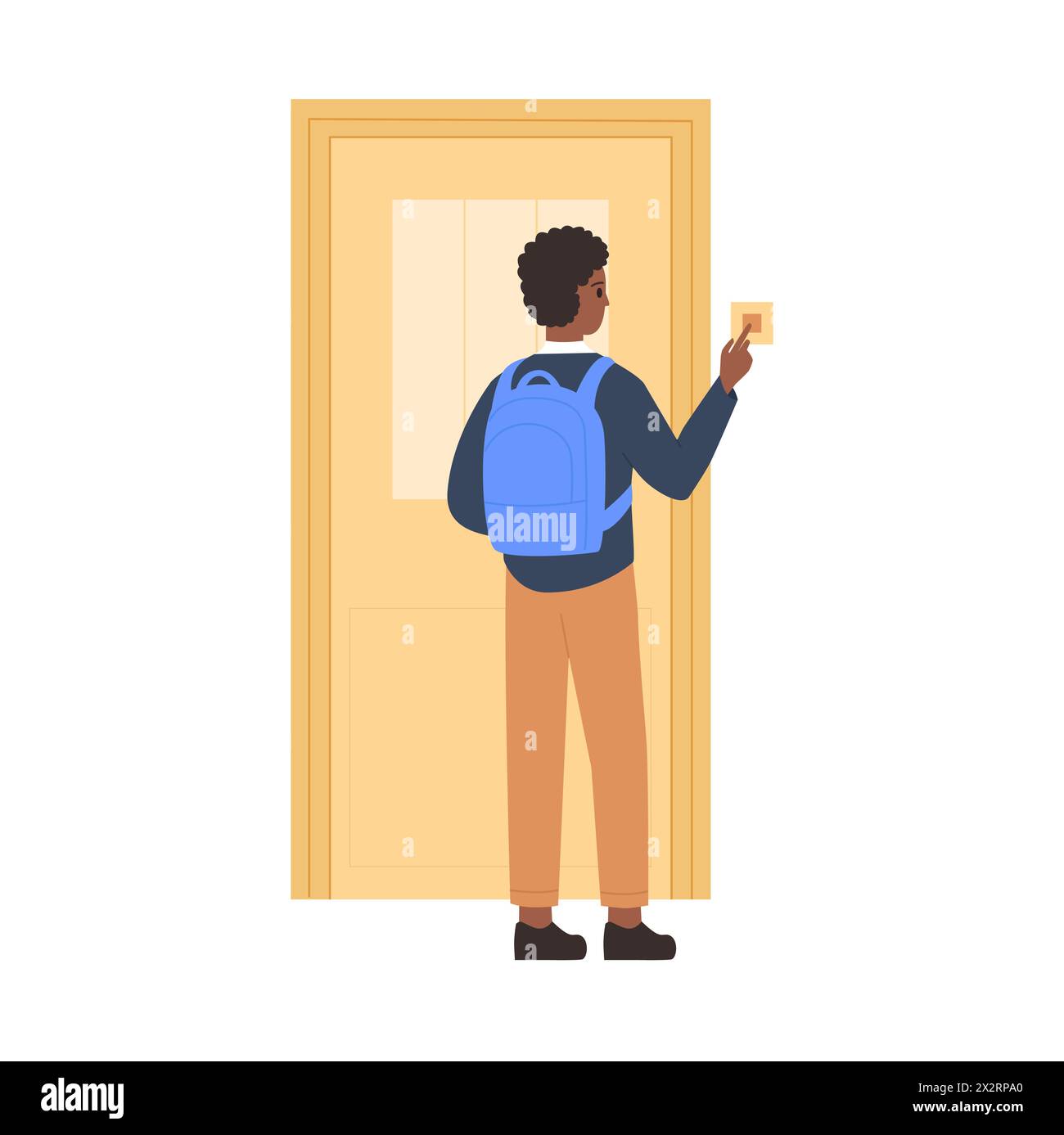 Young student standing in front of closed door, pressing doorbell, rear ...