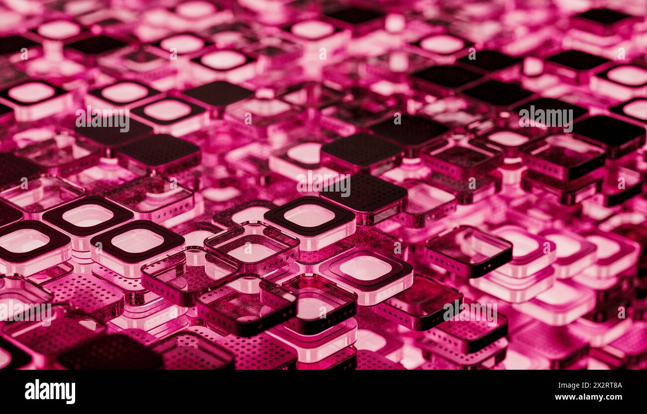Layers of microchip blocks with illuminated pink light Stock Photo - Alamy