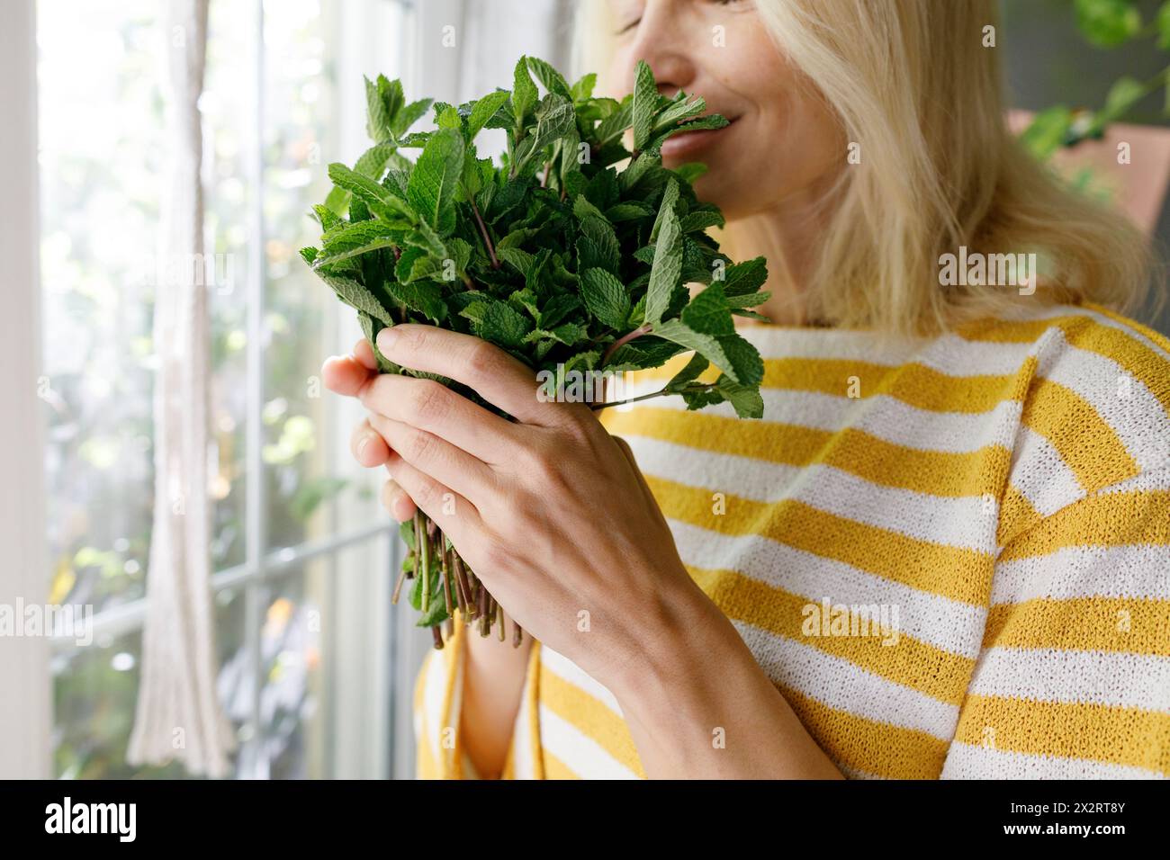 Woman smelling green leaf hi-res stock photography and images - Alamy