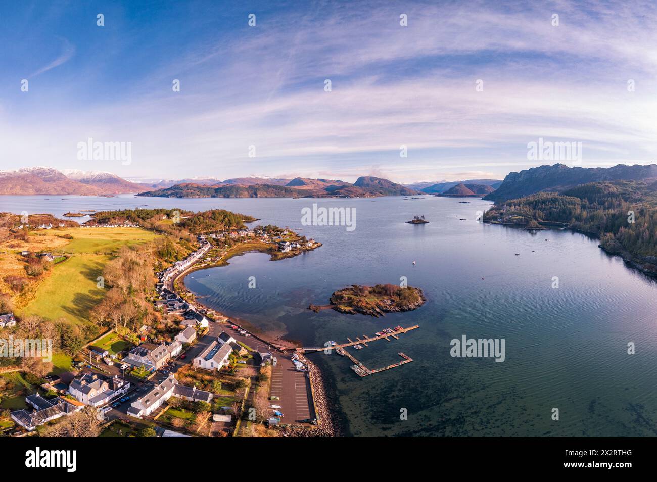 UK, Scotland, Plockton, Aerial view of village on shore of Loch Carron ...