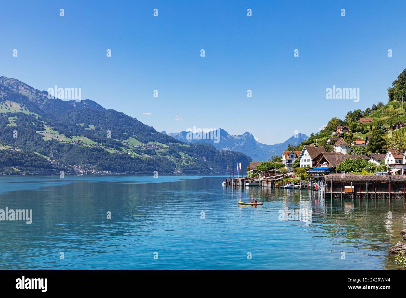 Switzerland, St Gallen Canton, Quinten, Village on shore of lake ...