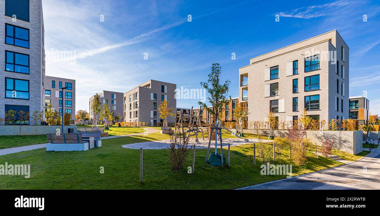 Germany, Baden-Wurttemberg, Leonberg, Playground between modern ... Germany, Baden-Wurttemberg, Leonberg, Playground between modern ...