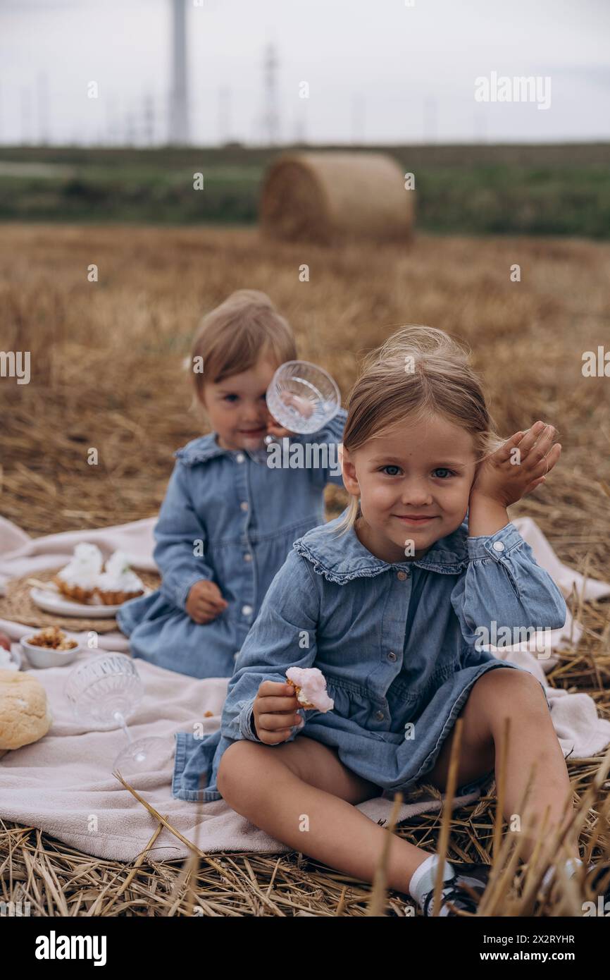 Smiling sisters spending leisure time sitting on picnic blanket Stock ...