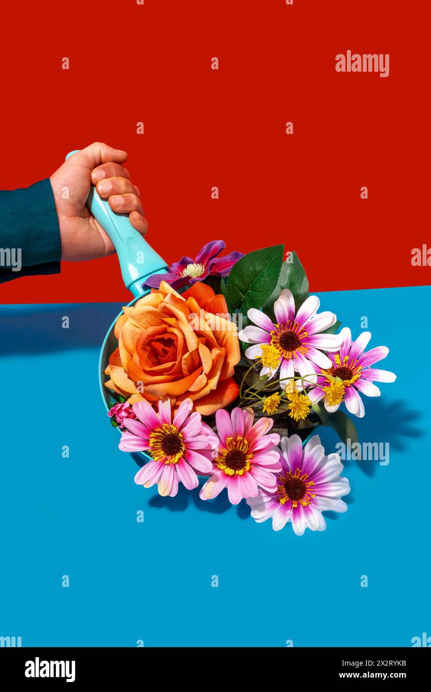 Man holding colorful flowers in frying pan against colored background ...