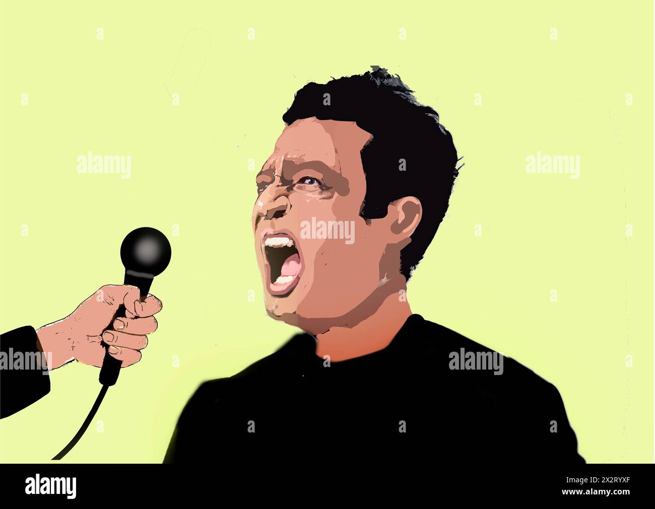 Displeased man screaming against microphone in media interview Stock ...