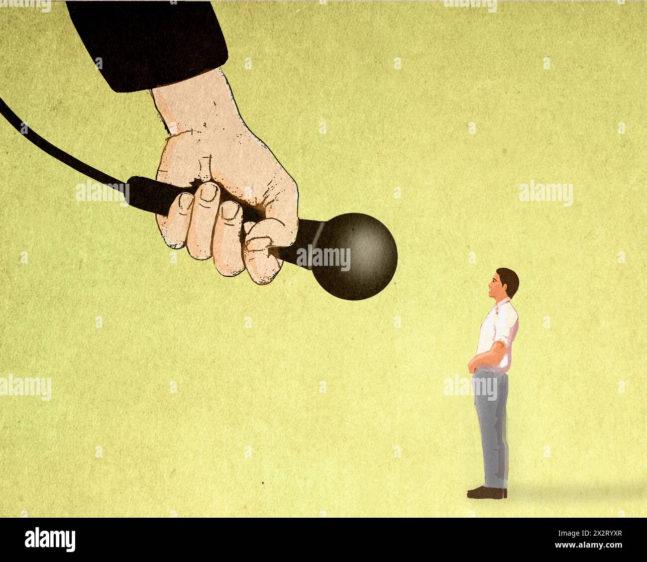 Man speaking in oversized microphone against yellow background Stock ...