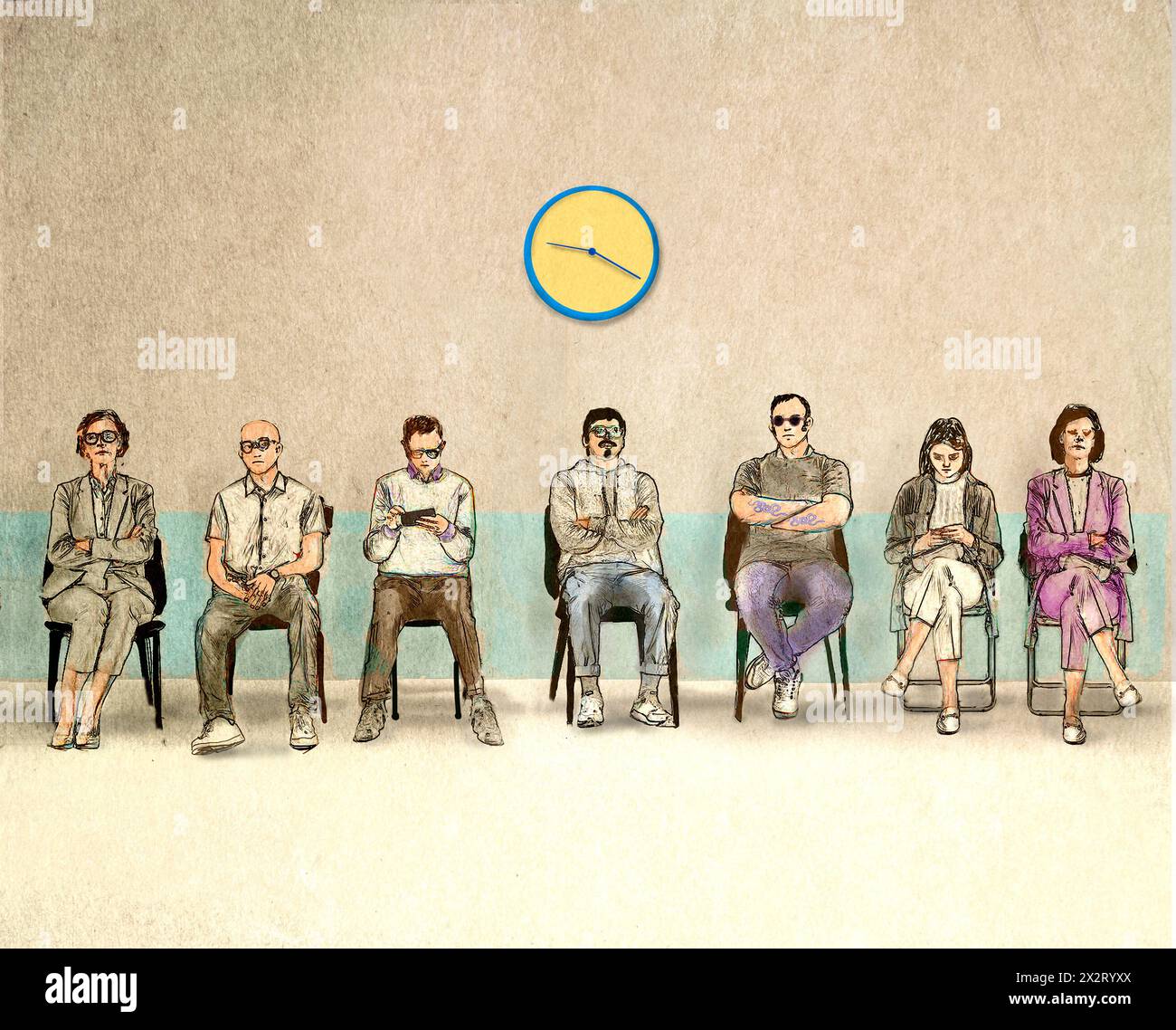 Various people sitting near clock and waiting in front of beige wall ...