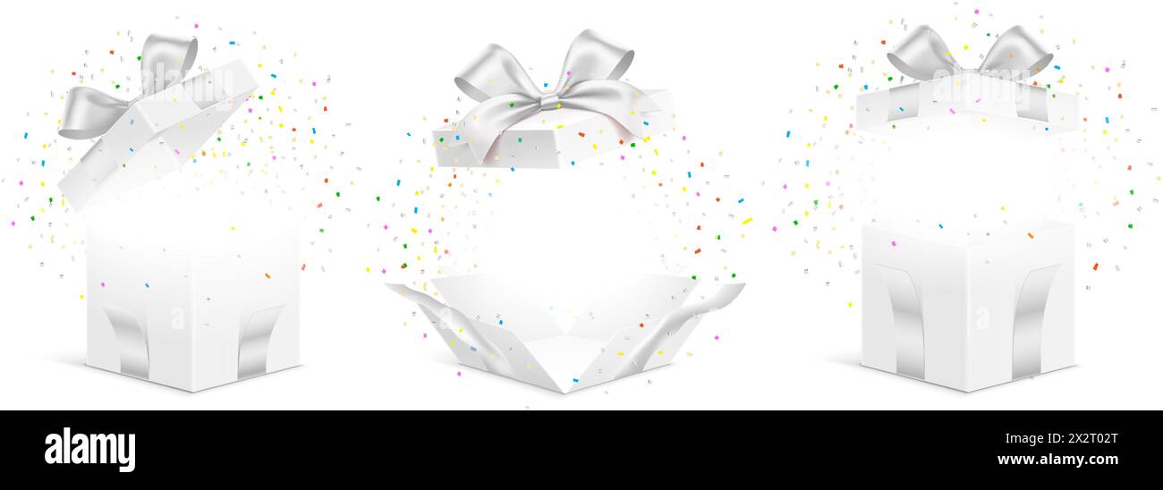 Vector set of white gift boxes with exploded colorful confetti isolated ...
