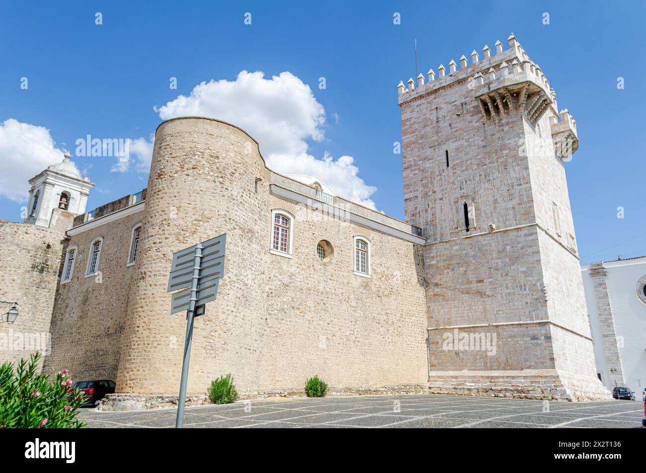 Castle with tower built with marble in the medieval town of Estremoz ...