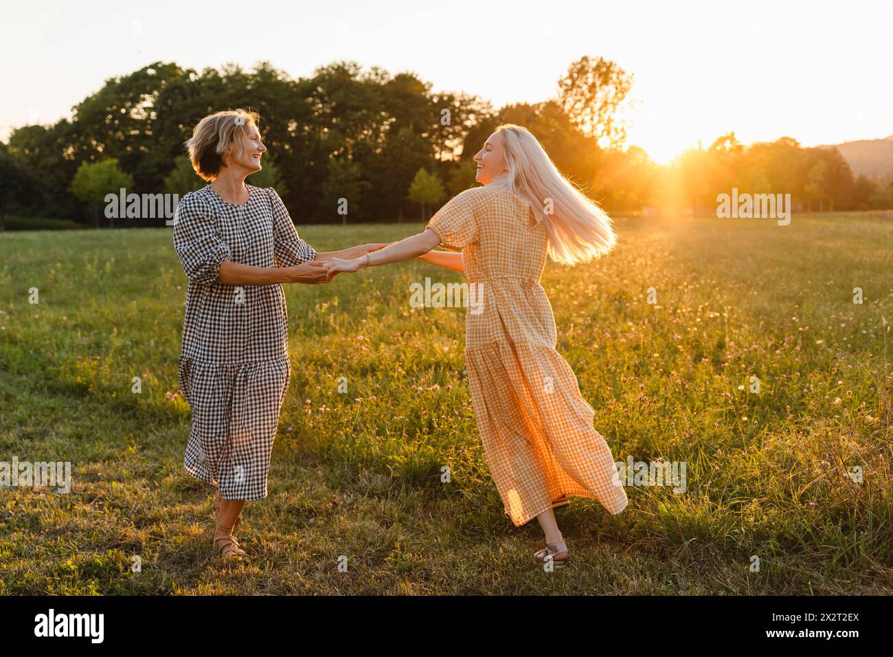 Happy friends holding hands and spinning in park Stock Photo - Alamy