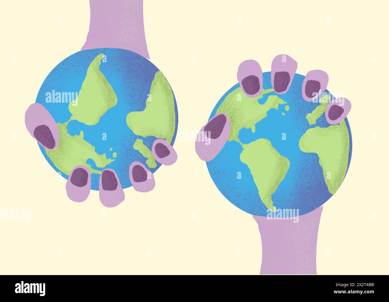 Hands of women holding Earth against colored background Stock Photo - Alamy