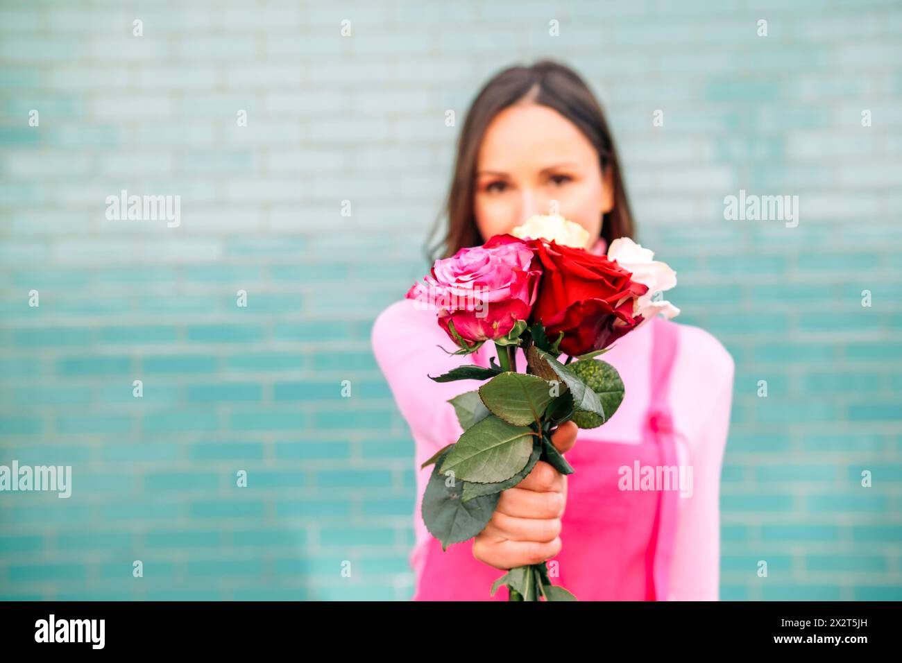 Woman giving roses in front of blue brick wall Stock Photo - Alamy