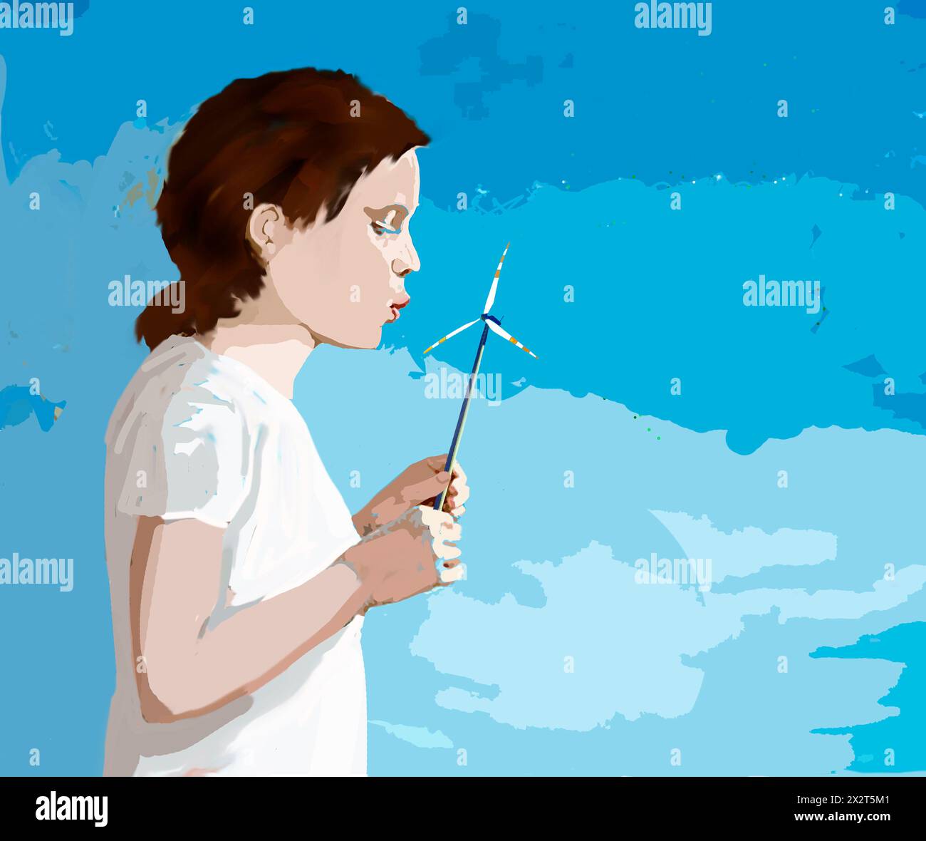 Illustration girl blowing at small wind turbine Stock Photo - Alamy