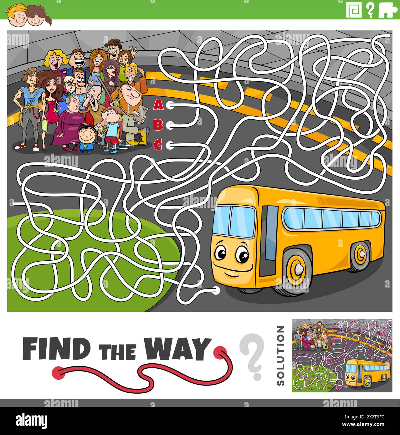 Cartoon illustration of find the way maze puzzle activity with people ...