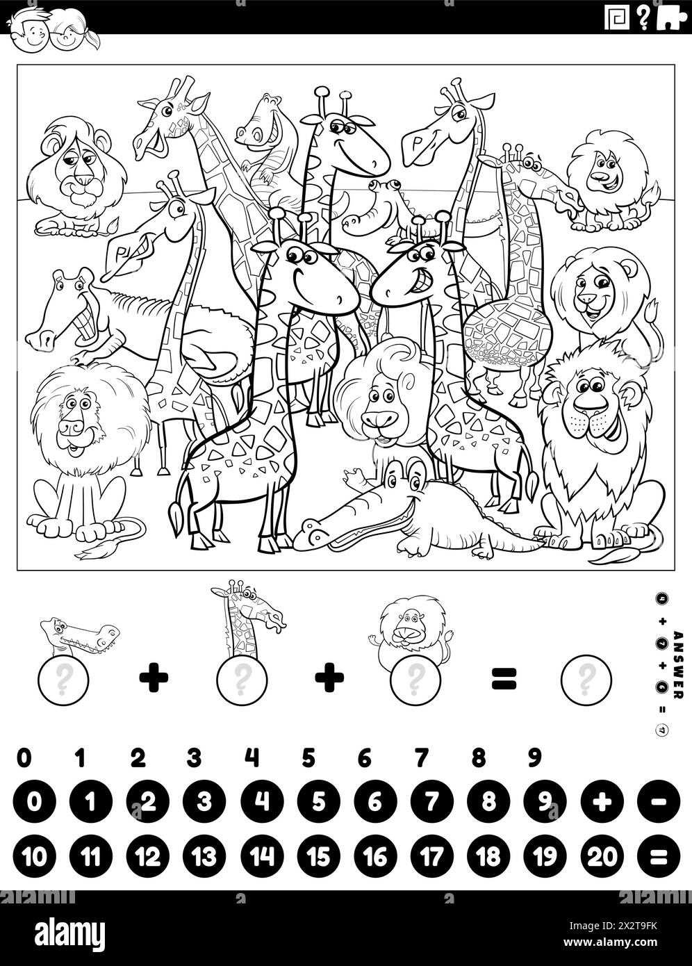 Black and white cartoon illustration of educational mathematical ...