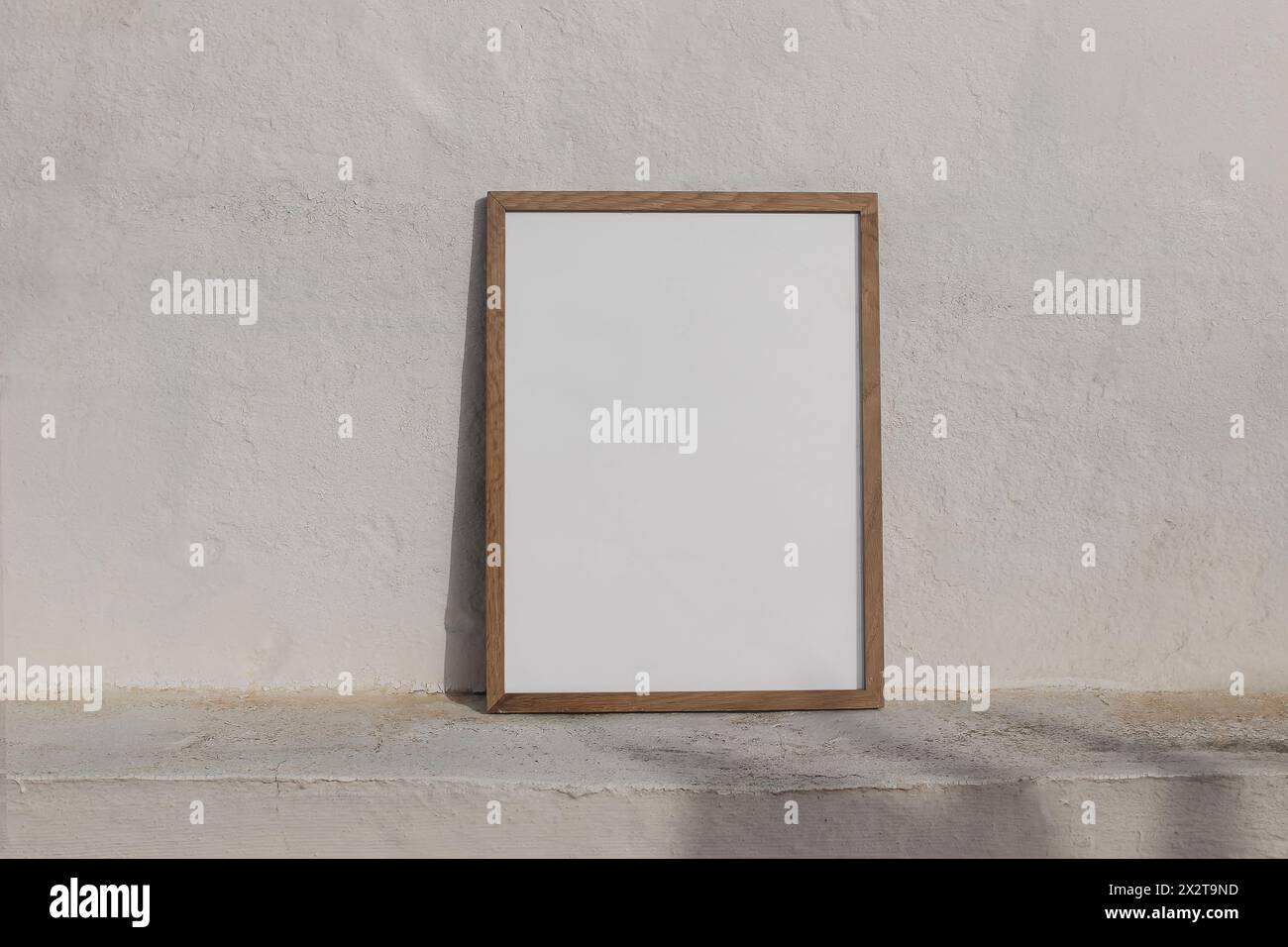 Minimal empty vertical wooden frame picture mockup against white old ...