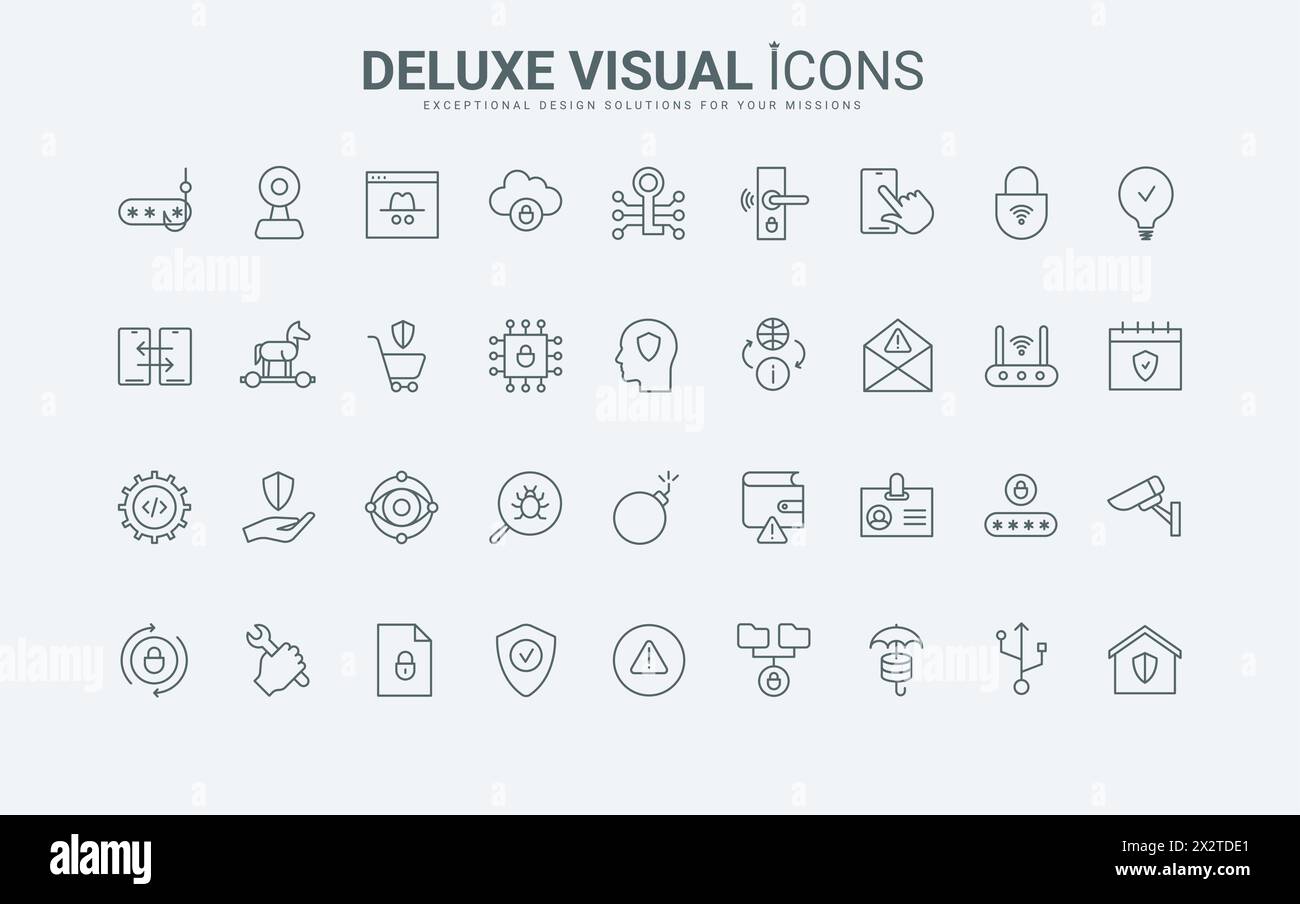 Outline cybersecurity symbols, protection of server or phone from fraud ...