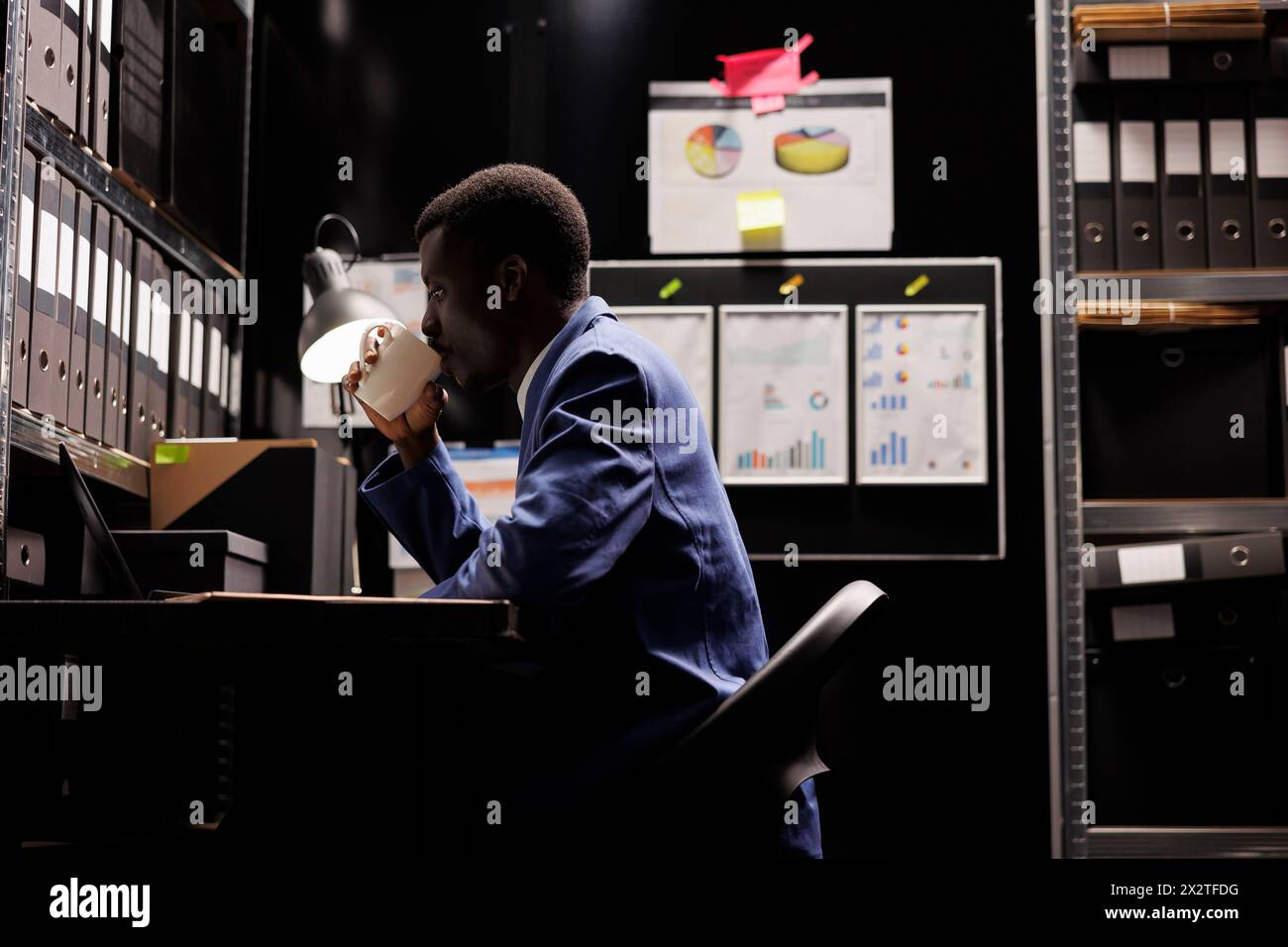 African american detective drinking hot coffee, checking crime scene ...