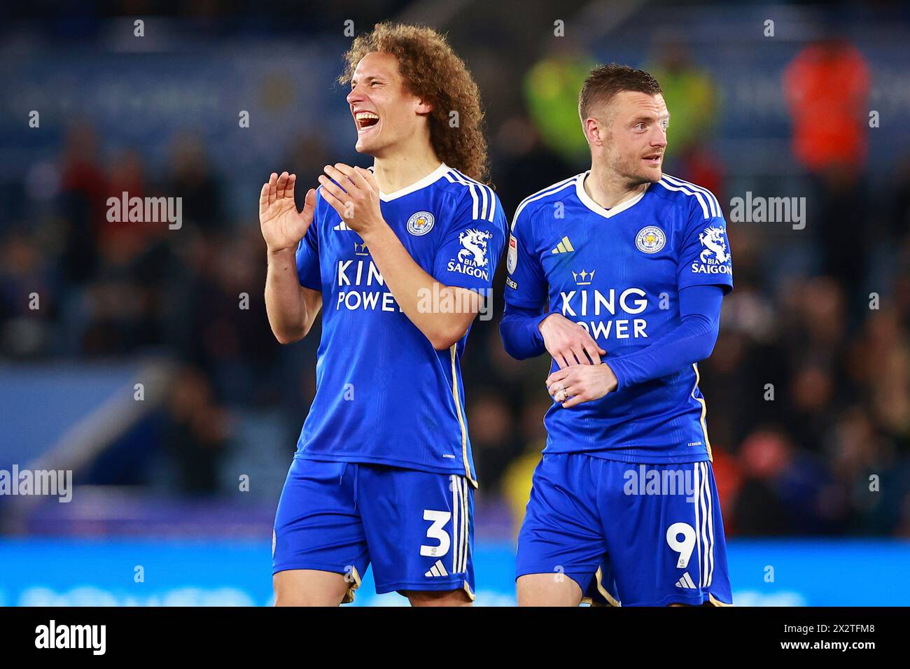 Leicester, UK. 23rd Apr, 2024. Wout Faes and Jamie Vardy of Leicester ...