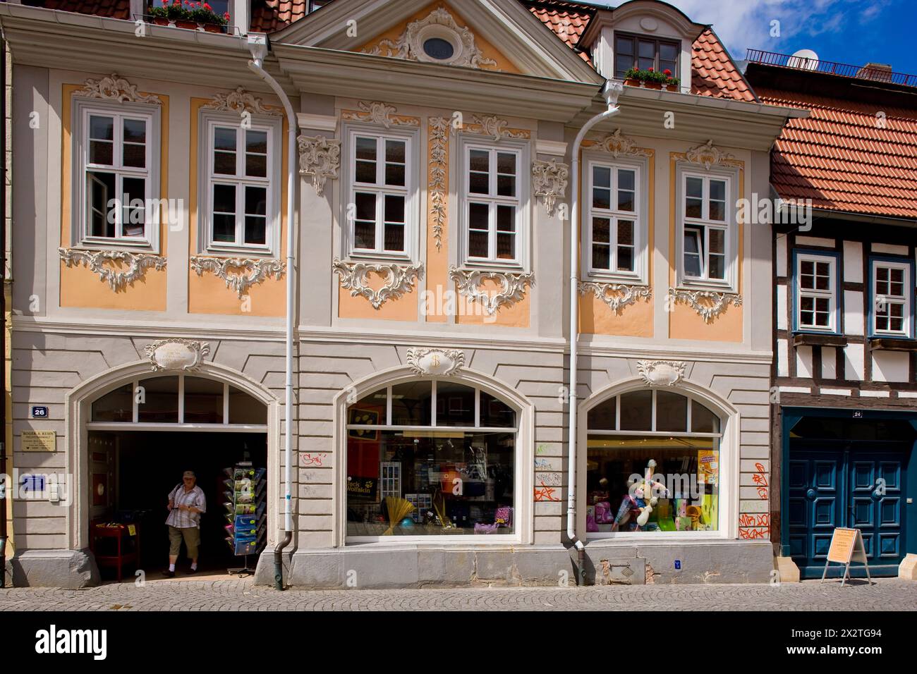 Pedestrian zone stony path with restaurants and shops, ., Suhl ...