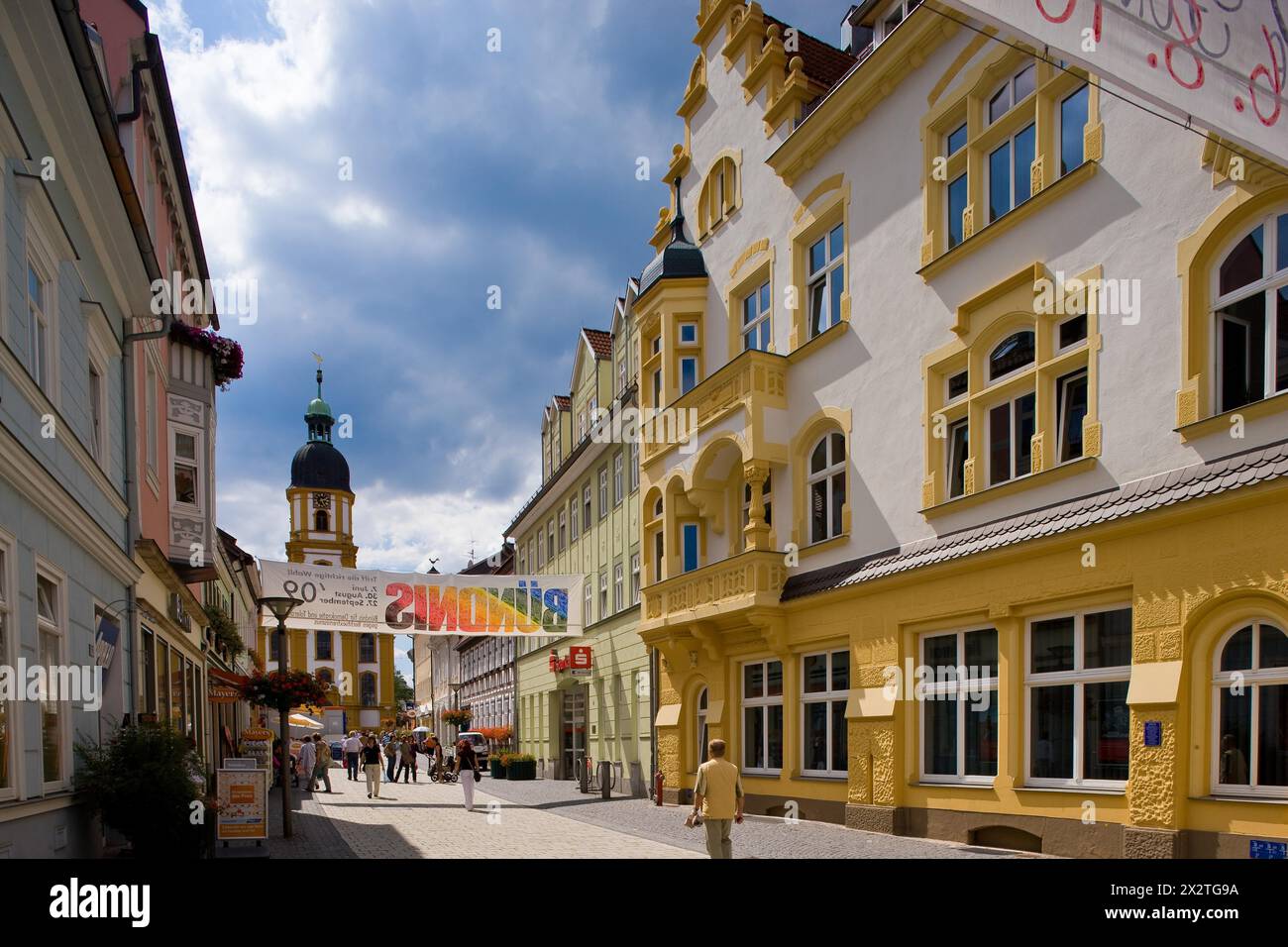 Pedestrian zone stony path with restaurants and shops, ., Suhl ...