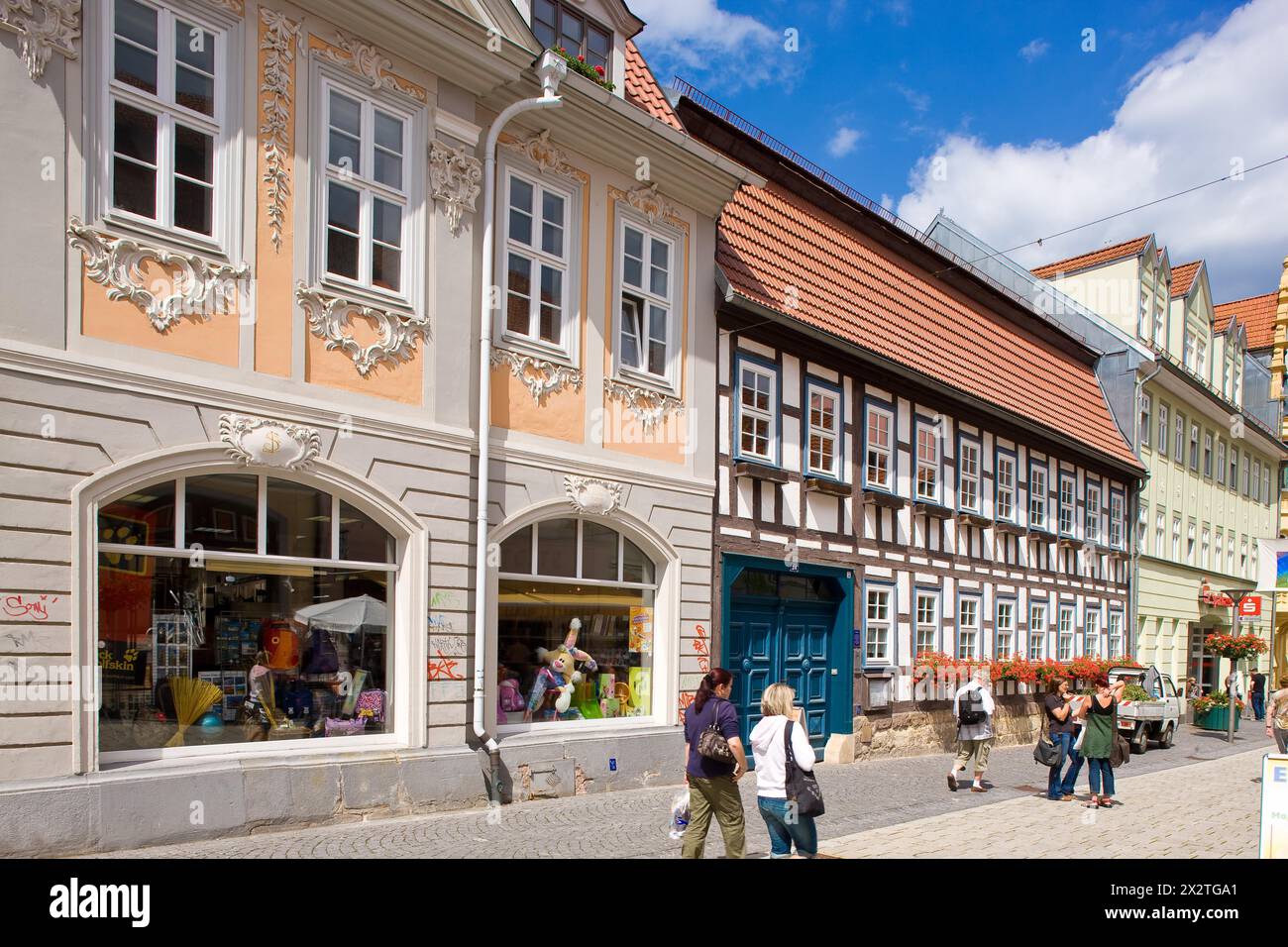 Pedestrian zone stony path with restaurants and shops, ., Suhl ...