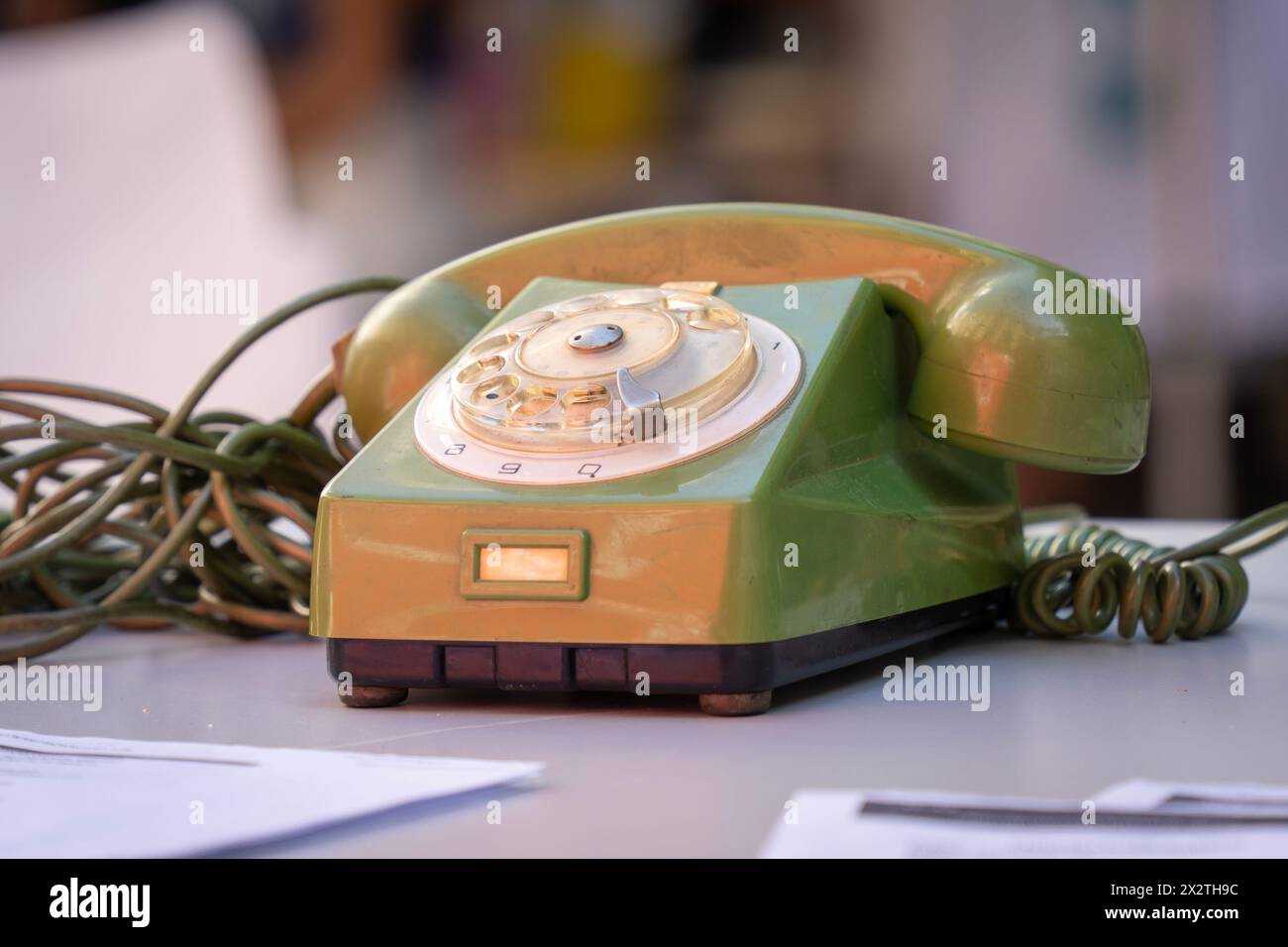 Old dial green telephone Stock Photo - Alamy