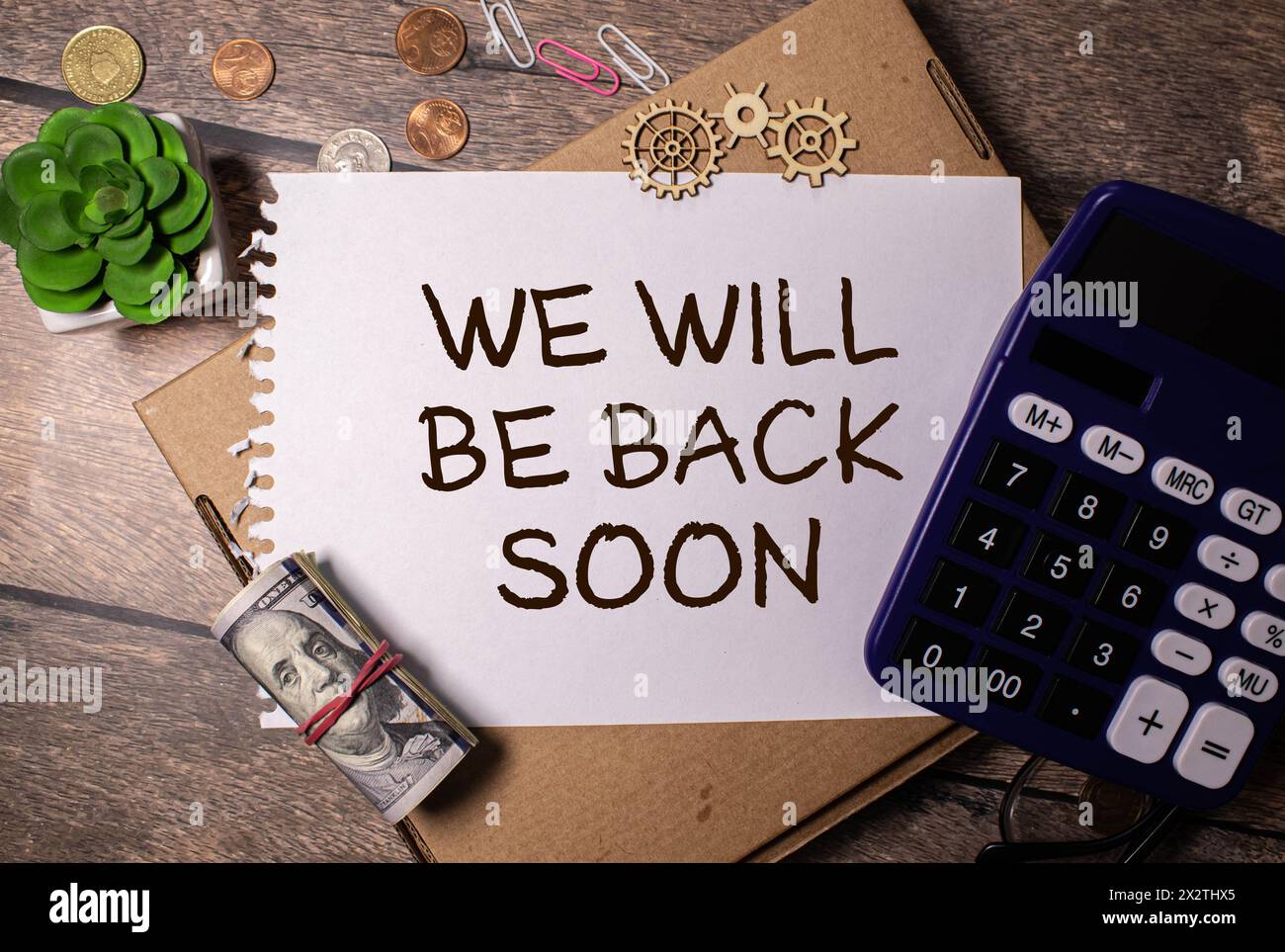 We'll Be Back Soon text on notepad, concept background Stock Photo - Alamy