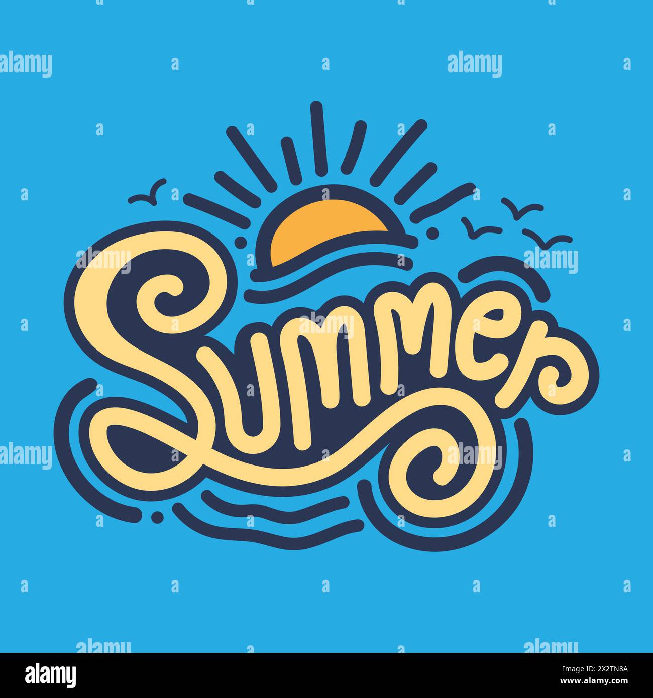 Summer hand drawn typography with beach waves, sun and birds. Summer ...