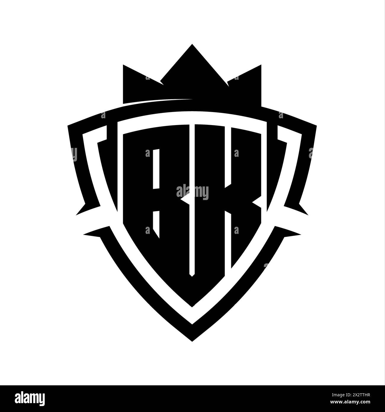 BK Letter bold monogram with triangle curve shield shape with crown black and white background ...